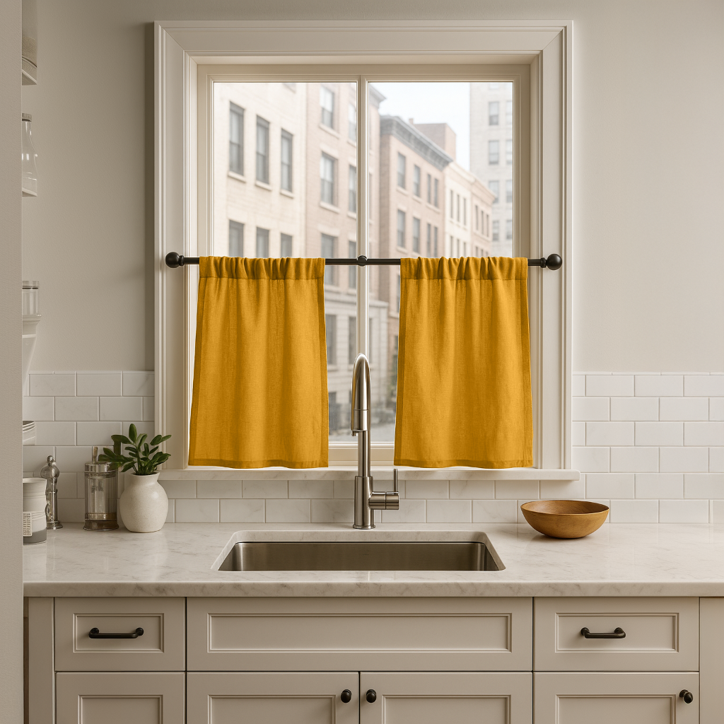 Mustard Yellow Linen Cafe Kitchen Curtains – Half Curtain Panel for ...