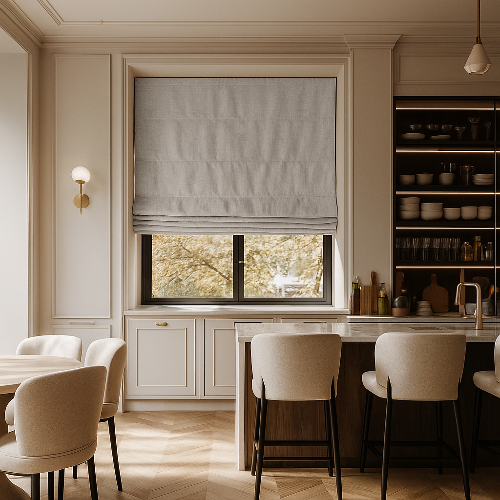 Linen Blackout Roman Shades for Kitchen Windows – Custom Colors & Sizes