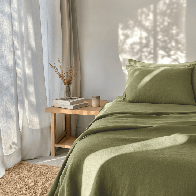 Olive Green Washed Linen Flat Sheet - Certified 100% Eco-Friendly Linen ...