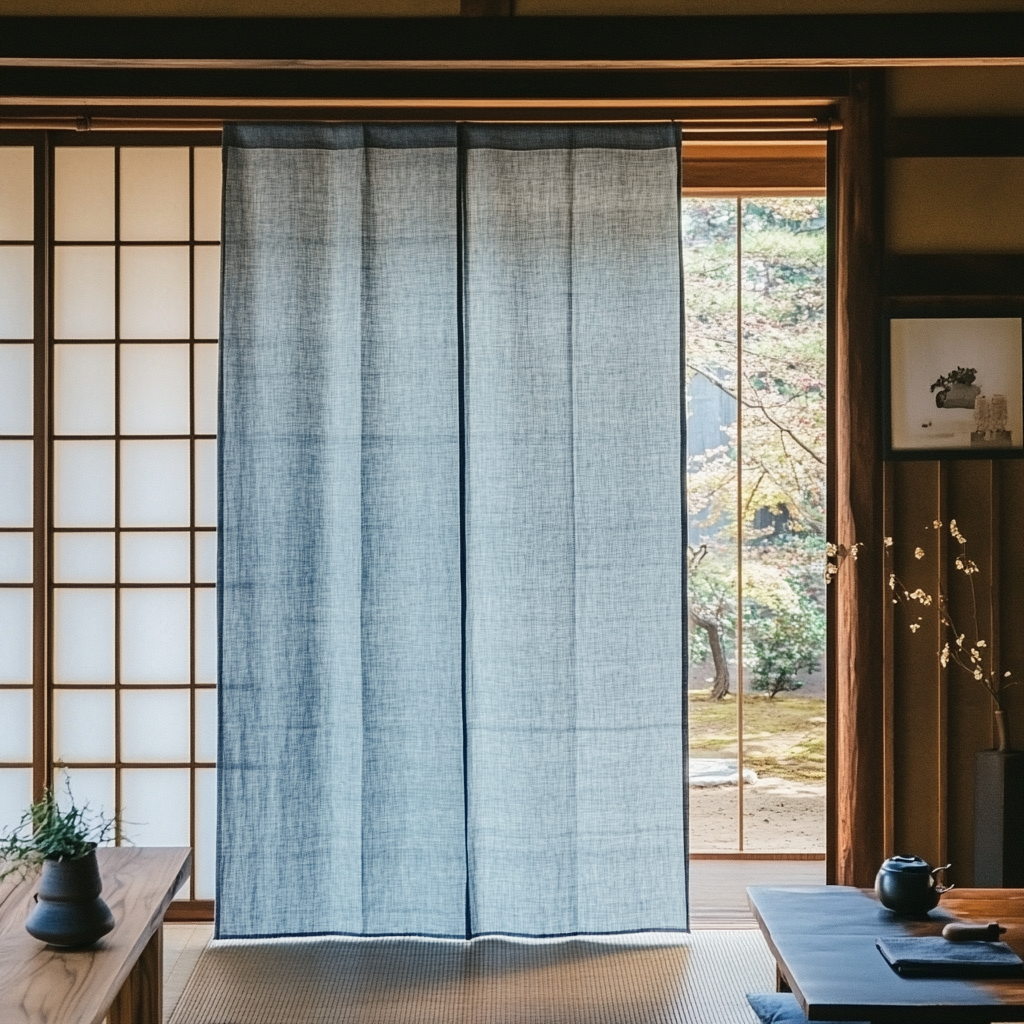 Sky Blue Linen Noren Curtain - Japanese Curtains - Noren Drapes - Door