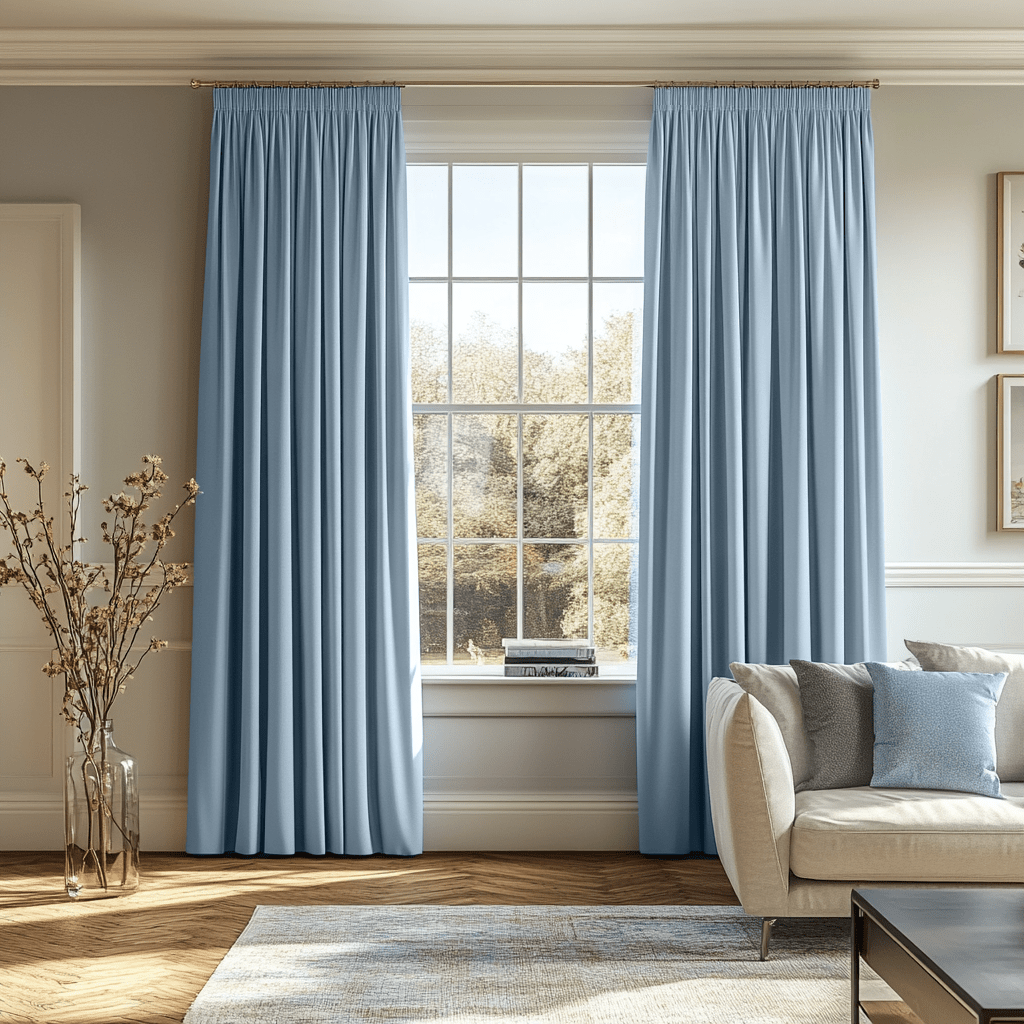 Sky Light Blue Pencil Pleat Curtains - 100% Linen Curtains - Blackout ...
