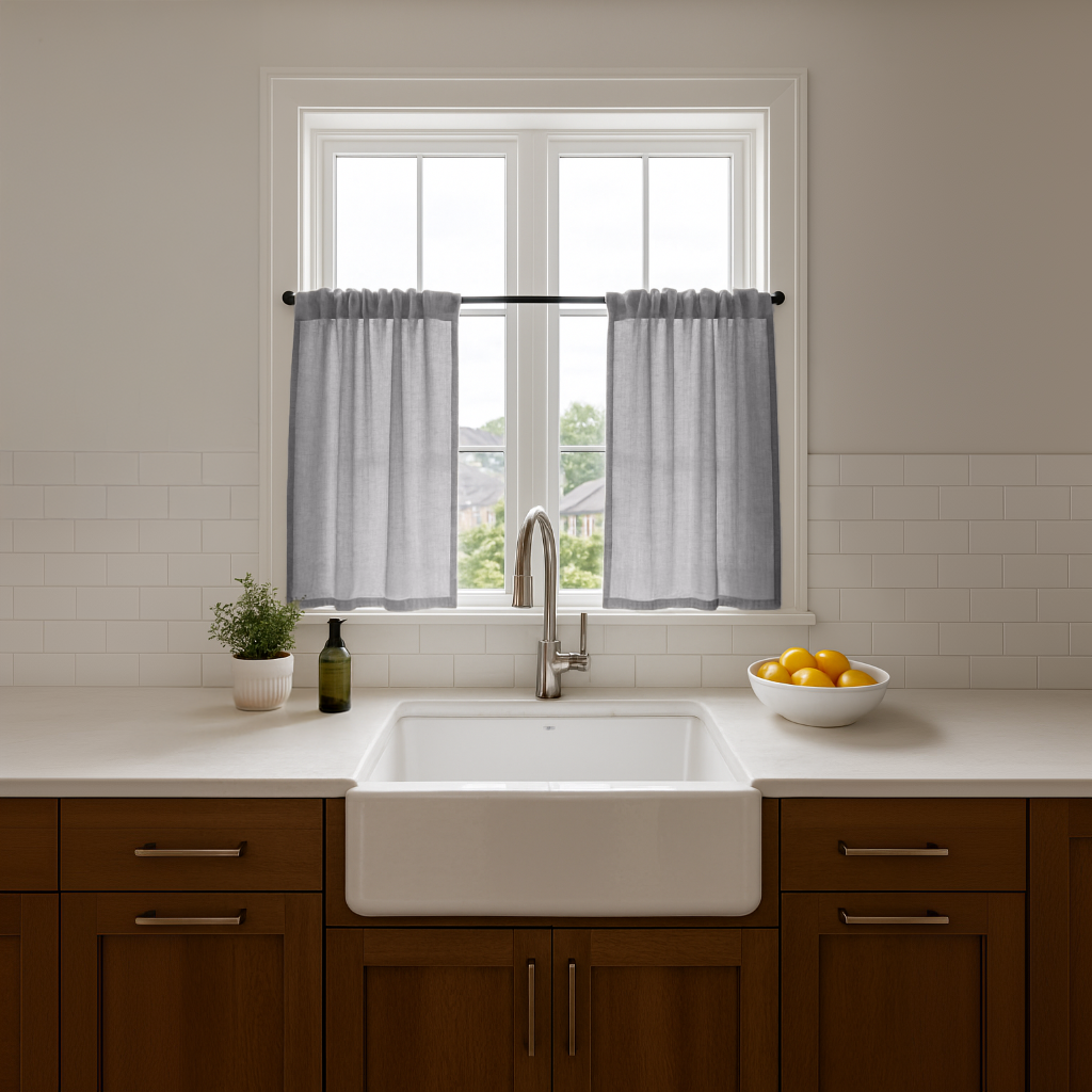 Stone Grey Linen Cafe Kitchen Curtains – Half Curtain Panel for Kitchen ...
