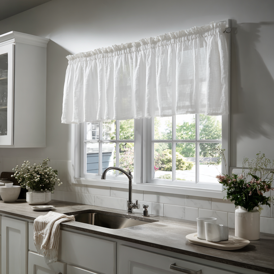 Country Style White Linen Valance – Farmhouse Kitchen Curtains – Custom ...