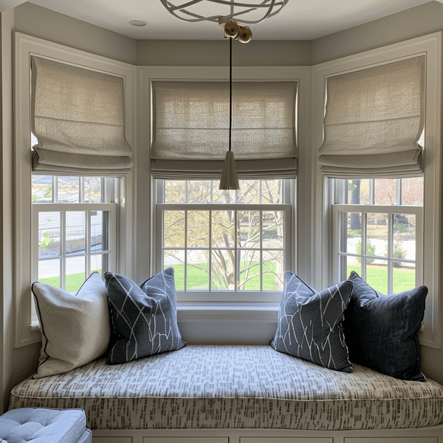 Custom Linen Roman Shades for Bay Window - Custom Colors & Sizes