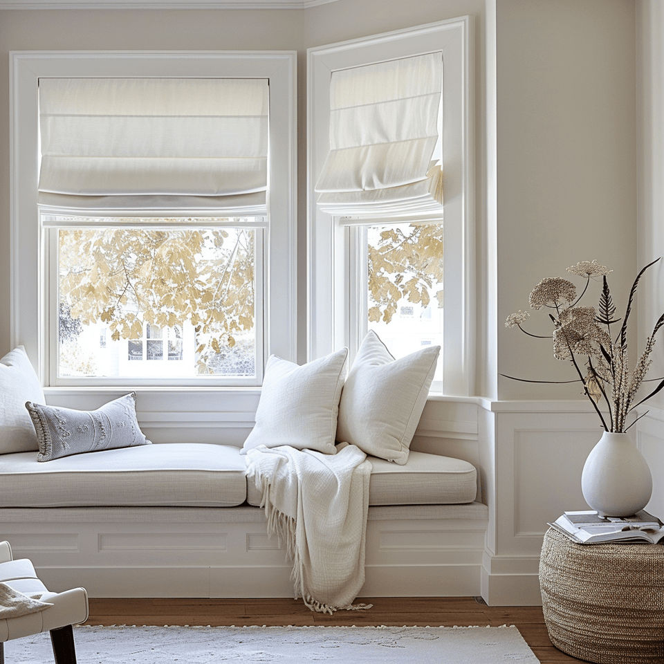 Linen Roman Shades for Bay Windows - 100% Natural - Custom Colors & Sizes