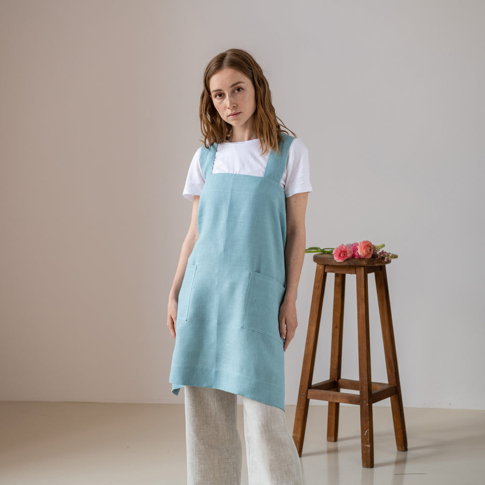 Natural Linen Aprons – Gardening, No-Tie Cross Back, Japanese Aprons