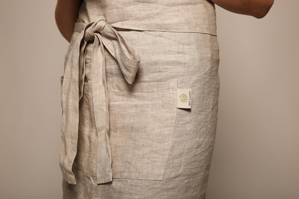 Natural Linen Waist Cafe Apron with Two Pockets and Long Ties - Multip