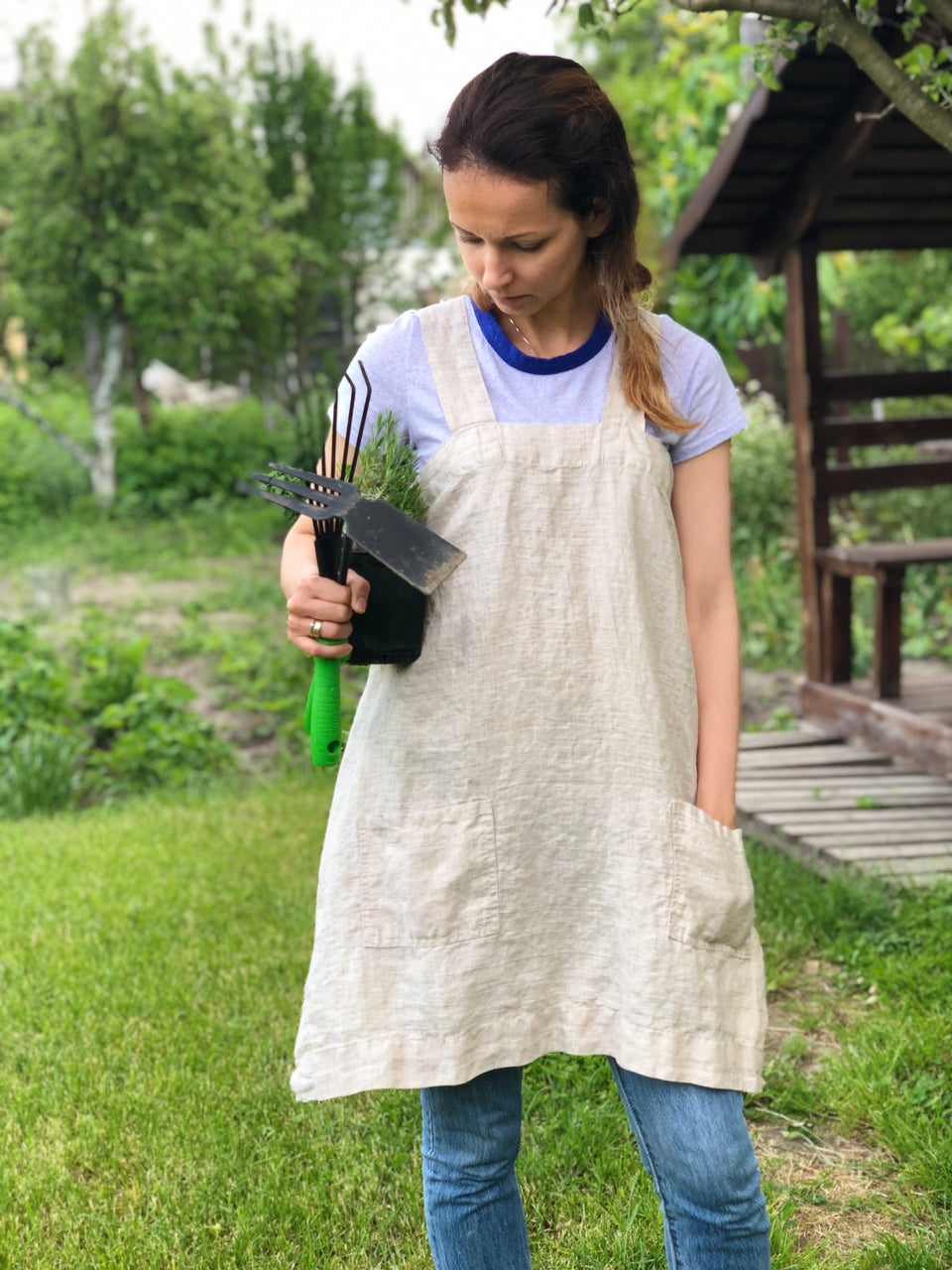 Natural Linen Aprons – Gardening, No-Tie Cross Back, Japanese Aprons