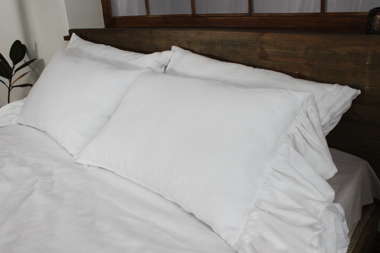 Pure Linen Pillow Sham With Mermaid Long Ruffles - Standard, Queen, Ki