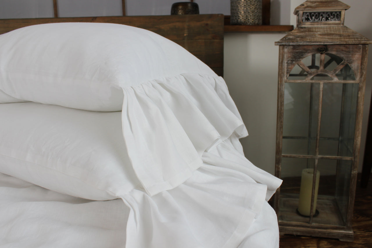Pure Linen Pillow Sham With Mermaid Long Ruffles - Standard, Queen, Ki